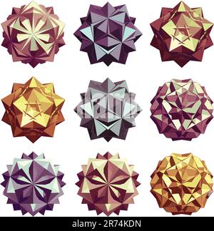 Color glossy faceted star shaped spheres, 3d stars, globes and gems set ...