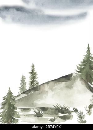 Watercolor woodland and mountains frame illustration, forest background ...