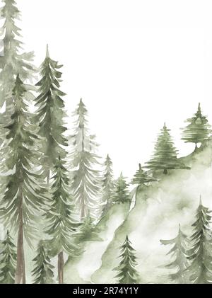 Watercolor woodland and mountains frame illustration, forest background ...