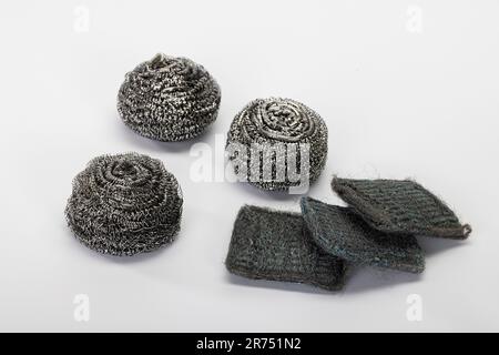 Metal pot cleaner, white background Stock Photo - Alamy