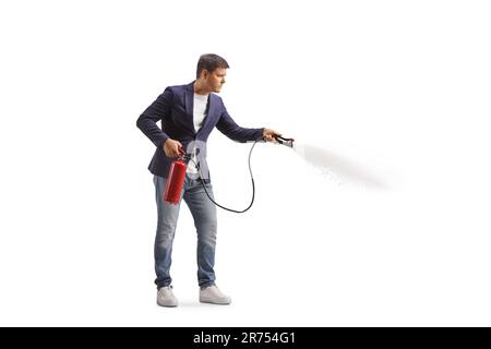 Man using a car fire extinguisher for a vehicle with an open hood and ...