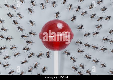Many hungry ants eating lollipop. 3D rendered illustration Stock Photo ...