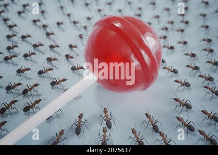 Many hungry ants eating lollipop. 3D rendered illustration Stock Photo ...