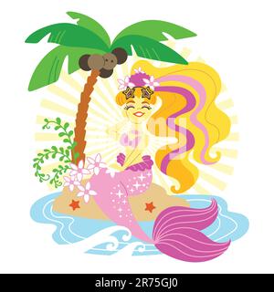 Cute cartoon pink tail mermaid with a friend fish. Vector cartoon ...