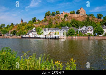 Lower town of Staden with jetty and castle ruins, Saarburg on the Saar, Saar Valley, Rhineland ...