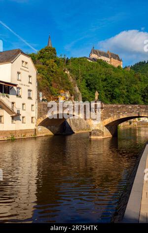 Vianden Bridge and Castle, Vianden, Canton of Vianden, Luxembourg Stock ...