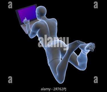 Working with laptop in a wrong position. Concept of back pain. Computer ...