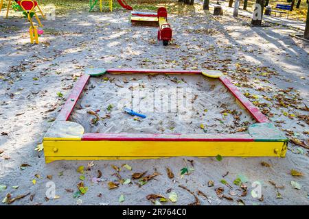 Photography on theme empty wooden sandbox with sand for kids on ...
