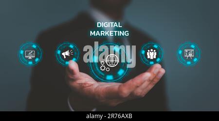 Hand shows the sign and icon of Digital marketing internet advertising ...