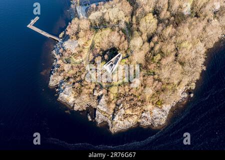 Wooden pyramid viewing point on peninsula at Inveruglas, Lake Lomond ...