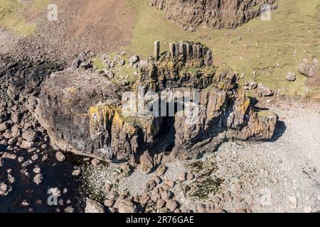 Aerial view of Carsaig Arches, stone arche on the Isle of Mull ...