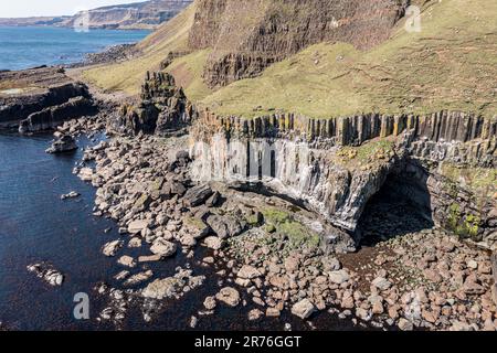 Aerial view of Carsaig Arches, stone arche on the Isle of Mull ...
