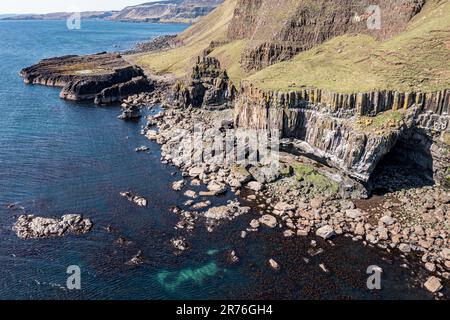 Aerial view of Carsaig Arches, stone arche on the Isle of Mull ...