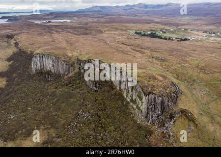 Aerial view of basalt cliff near Staffin, Isle of Skye, Scotland, UK ...
