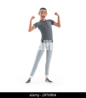 3d cartoon man flexing arm muscles, illustration isolated on white ...