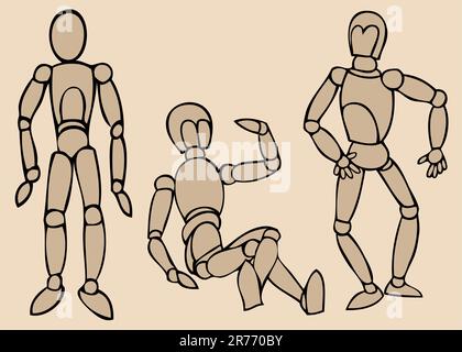 Wood man model. Wooden manikin in different active poses. Figure for ...
