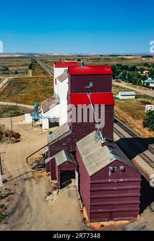 Aerial of grain elevators, Mortlach, Saskatchewan, Canada Stock Photo - Alamy