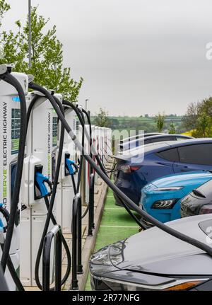 Midlands, UK - 13 May 2023: View of electric car charging points on motorway Stock Photo - Alamy