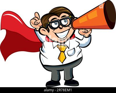 Cartoon Superhero office nerd with cape and laptop Stock Vector Image ...