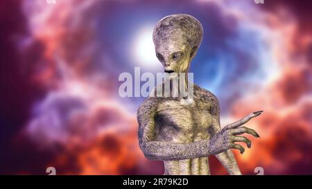 3d illustration of a grey alien pointing to something on the inside of ...