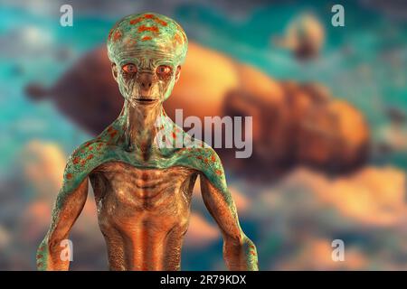 Portrait of a humanoid alien looking at camera with photo realistic ...