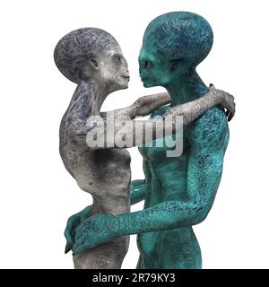 Aliens love, 3D illustration. A couple of humanoid aliens hugging each ...