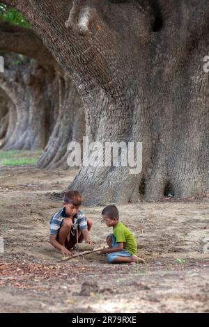 Two children playing under big trees, Amarapura (near Mandalay ...