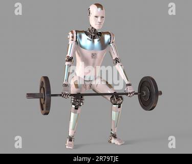 Robot lifting heavy barbell, 3D illustration. Weight lifting robots ...
