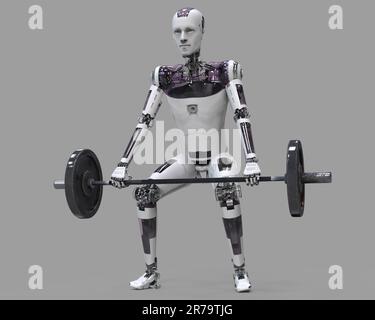 Robot with barbell. Technology concept. Isolated. Contains clipping ...