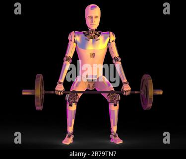 Robot lifting heavy barbell, 3D illustration. Weight lifting robots ...