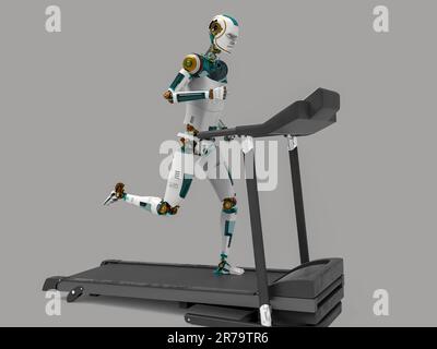 Humanoid robot running on a treadmill, 3D illustration. Artificial ...