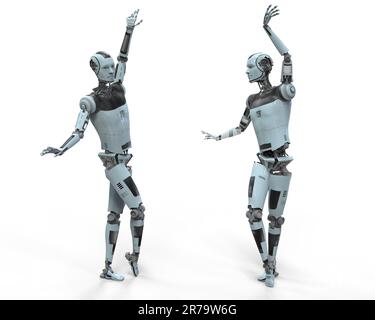 Robot ballet dancers, 3D illustration. Dancing humanoid robot. Android ...