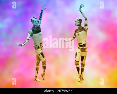 Robot ballet dancers, 3D illustration. Dancing humanoid robot. Android ...