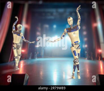 Robot ballet dancers, 3D illustration. Dancing humanoid robot. Android ...