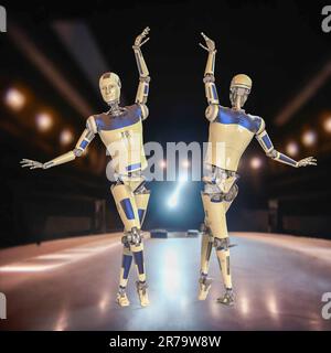 Robot ballet dancers, 3D illustration. Dancing humanoid robot. Android ...