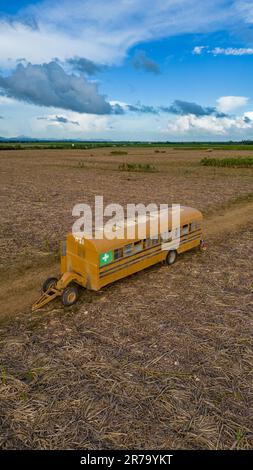 Aerial view of abandoned yellow school buses in Chatham County, just ...