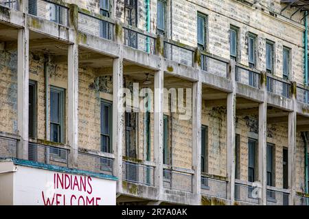 Facade of the barracks and theater of the federal prison on Alcatraz ...