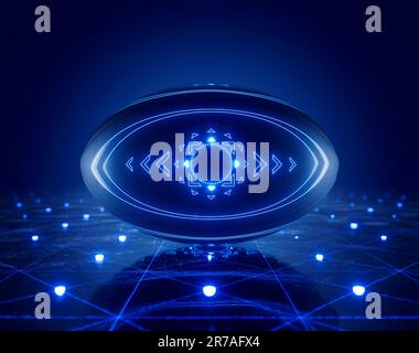 A sports concept of a futuristic rugby ball lit with neon markings on a ...