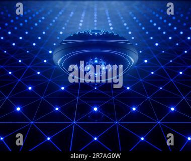 A sports concept of a futuristic rugby ball lit with neon markings on a ...