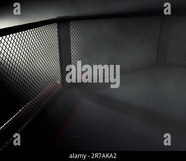 A dimly spotlit section of a mma octagon ring surrounded by wire mesh ...
