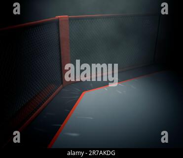 A dimly spotlit section of a mma octagon ring surrounded by wire mesh ...