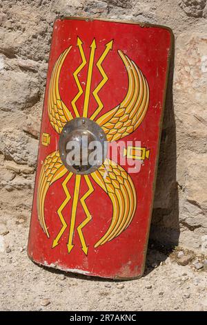 Legionary of Ancient Rome, close up of armor and scutum of infantry of ...