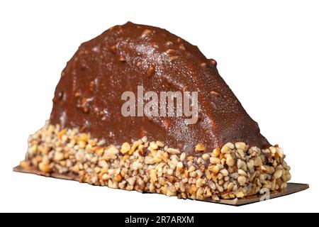 Chocolate and banana cake. Malaga cake isolated on white background. Large chocolate eclairs ...