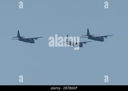 3 Royal Air Force C130J Hercules aircraft fly by at Dalton Barracks ...