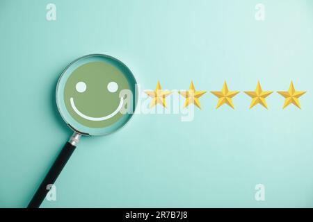 Magnifier glass inspecting five stars icon for customer rating service ...