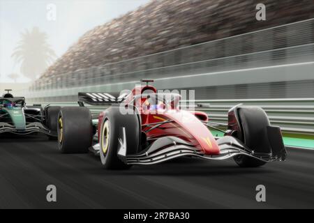 Formula one race cars on track without any branding - 3D rendering ...