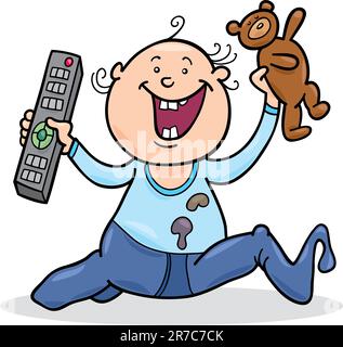 illustration of baby boy with remote control and teddy bear for ...