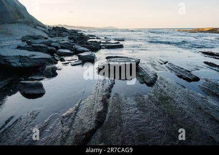 Detail of flysch, rocks of sedimentary origin that slide over each ...