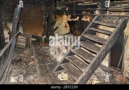 Keller, Räucherkammer, ausgebrannt, Feuer, schwarz, Ruß, verrußt ...