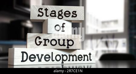 Stages of group development - words on metal blocks - 3D illustration ...